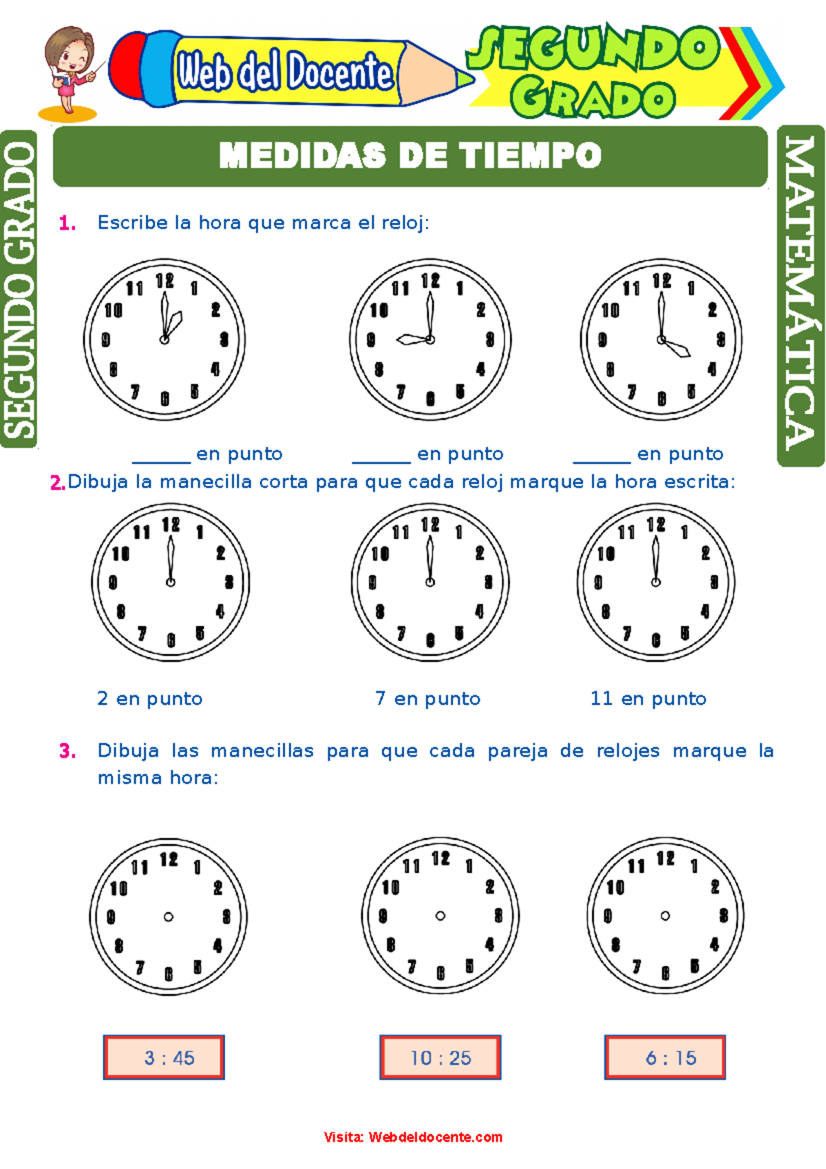 Medidas de Tiempo para Segundo Grado de Primaria - 1. Escribe la hora ...