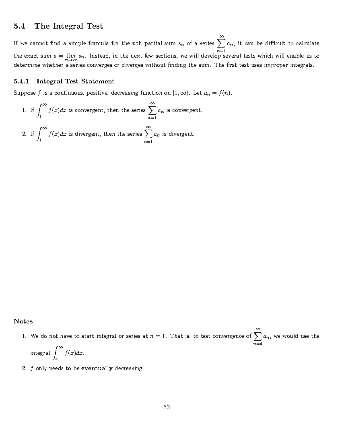 5.4 Integral Test - notes on intergral test - 5 The Integral Test If we ...