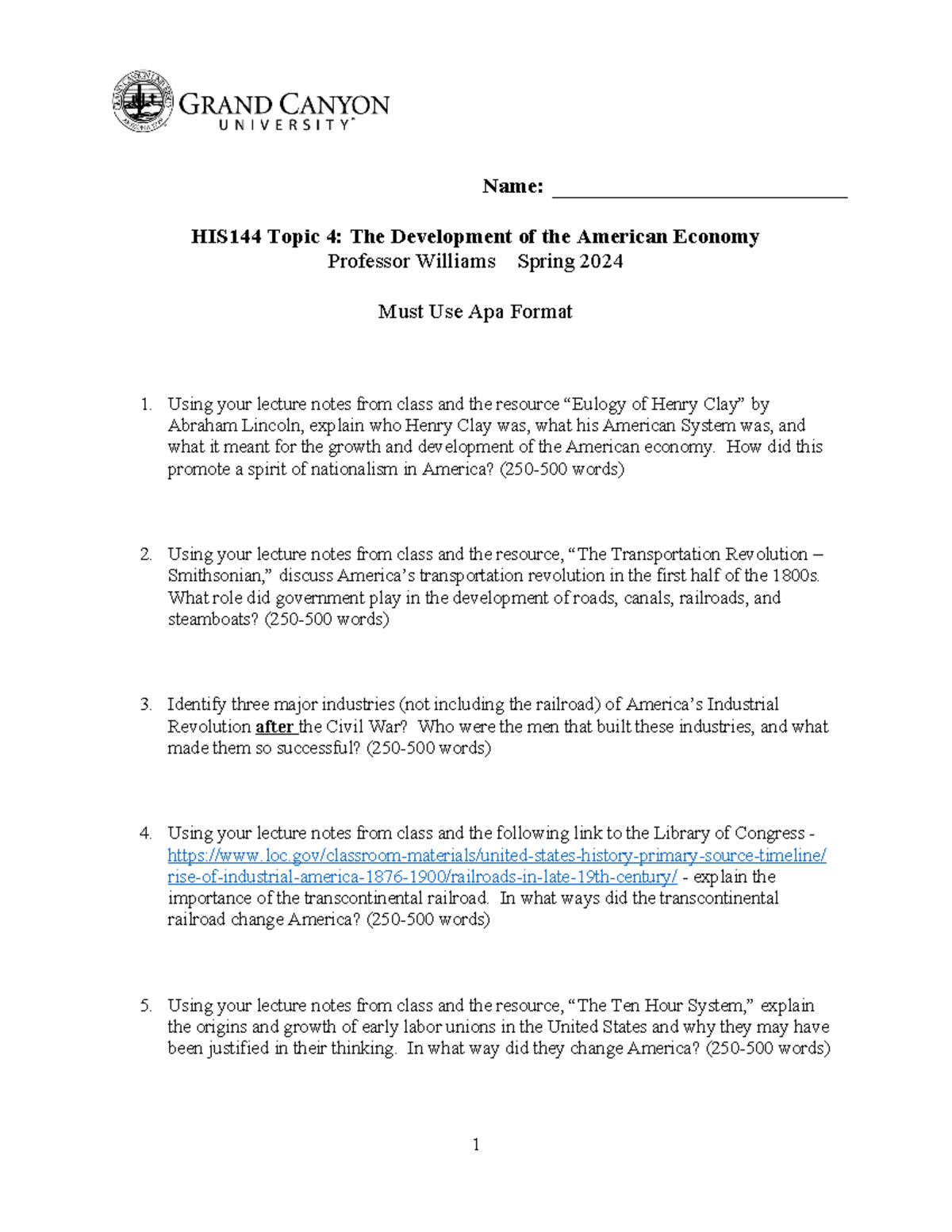 1. Topic 4 Worksheet Development of the American Economy - Name: HIS144 ...