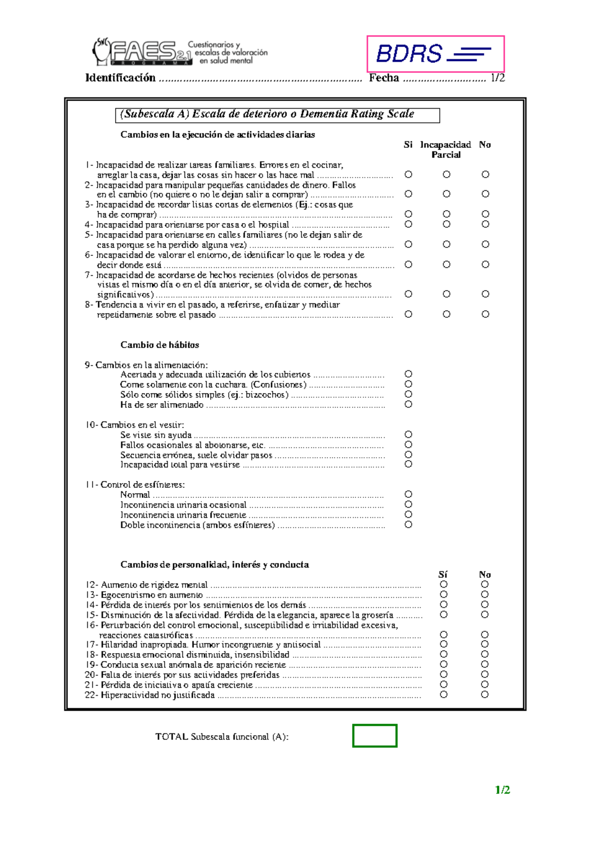 Test Bdrs Escala De Demencia De Blessed - 1/ BDRS Identificación - Studocu