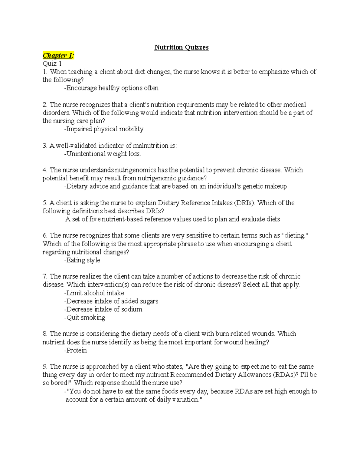 Nutrition Quizzes - Nutrition Quizzes Chapter 1: Quiz 1 When teaching a ...