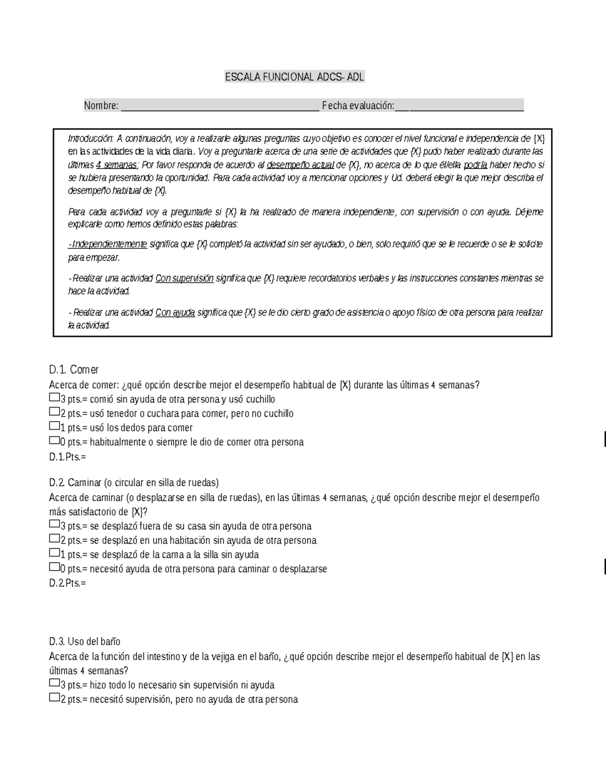 ADCS- ADL. Funcionalidad (1) - ESCALA FUNCIONAL ADCS- ADL Nombre: - Studocu