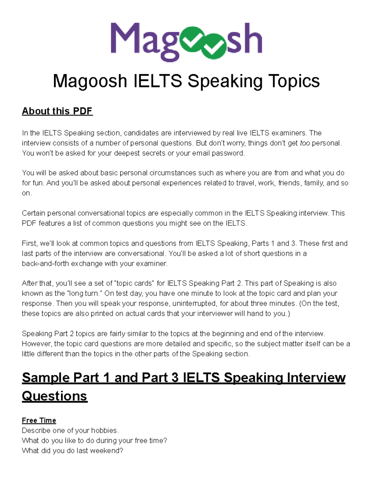 Common Speaking Topics - Magoosh IELTS Speaking Topics About this PDF ...