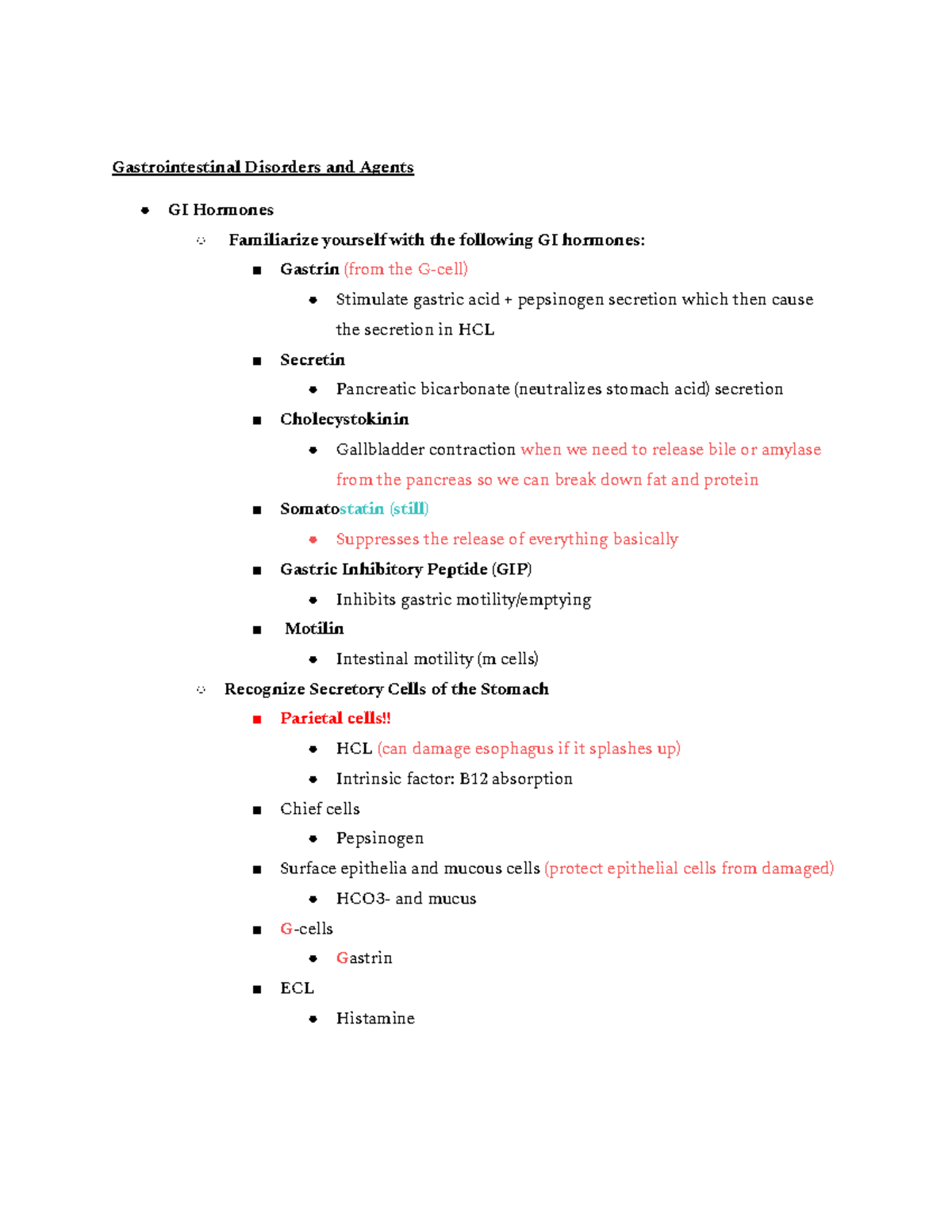 Final exam pathopharm Notes - Gastrointestinal Disorders and Agents GI ...