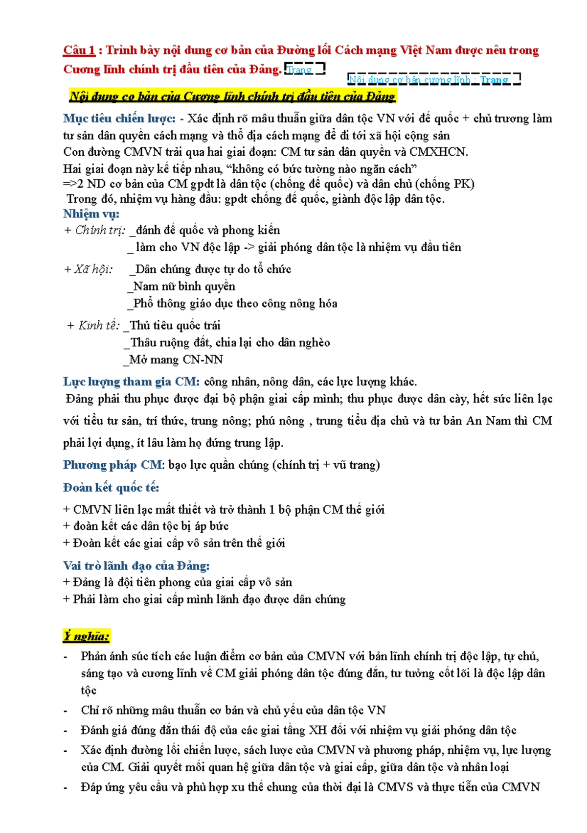 Đề cương Lịch sử Đảng Lin - Câu 1 : Trình bày nội dung cơ bản của Đường ...