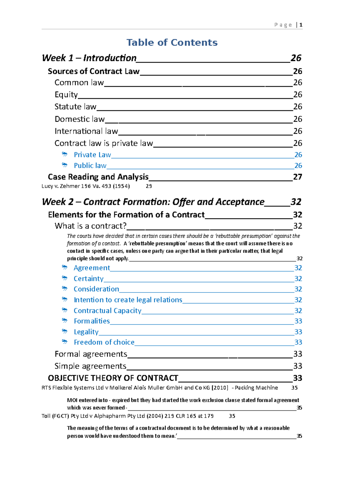 Contracts Notes 1 - Page Table of Contents Week 1 Sources of Contract ...