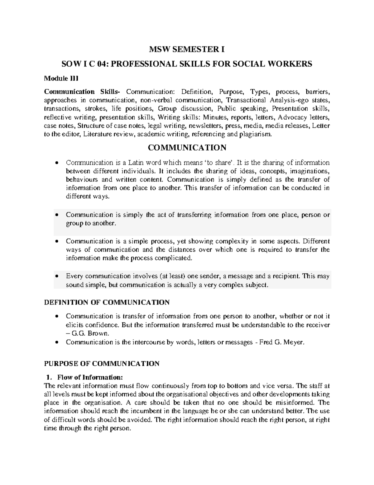Sem 1- Prof skills- Module 3 - MSW SEMESTER I SOW I C 04: PROFESSIONAL ...
