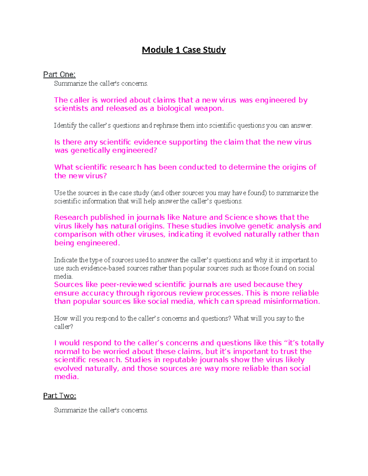 Module 1 Case Study Worksheet - Module 1 Case Study Part One: 1 Summarize the caller's concerns ...