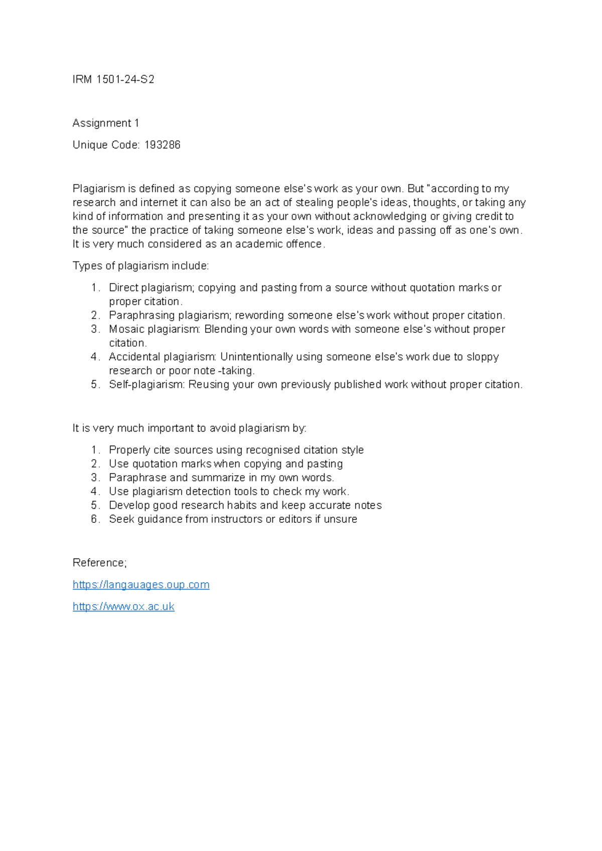 IRM 1501 Assessment 1 - Summary of work . - IRM 1501-24-S Assignment 1 Unique Code: 193286 - Studocu