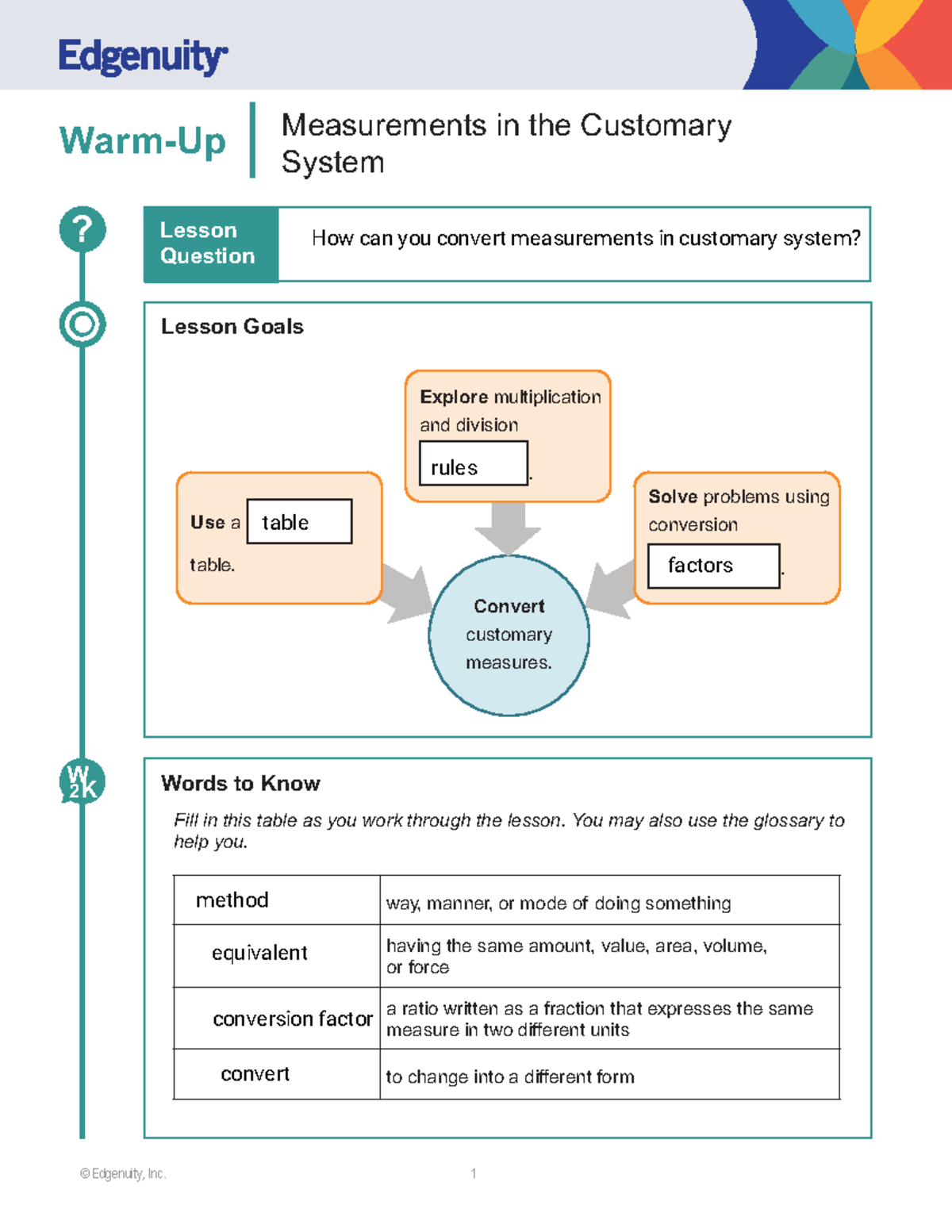 Measurements in the customary system - Warm-Up System Words to Know ...