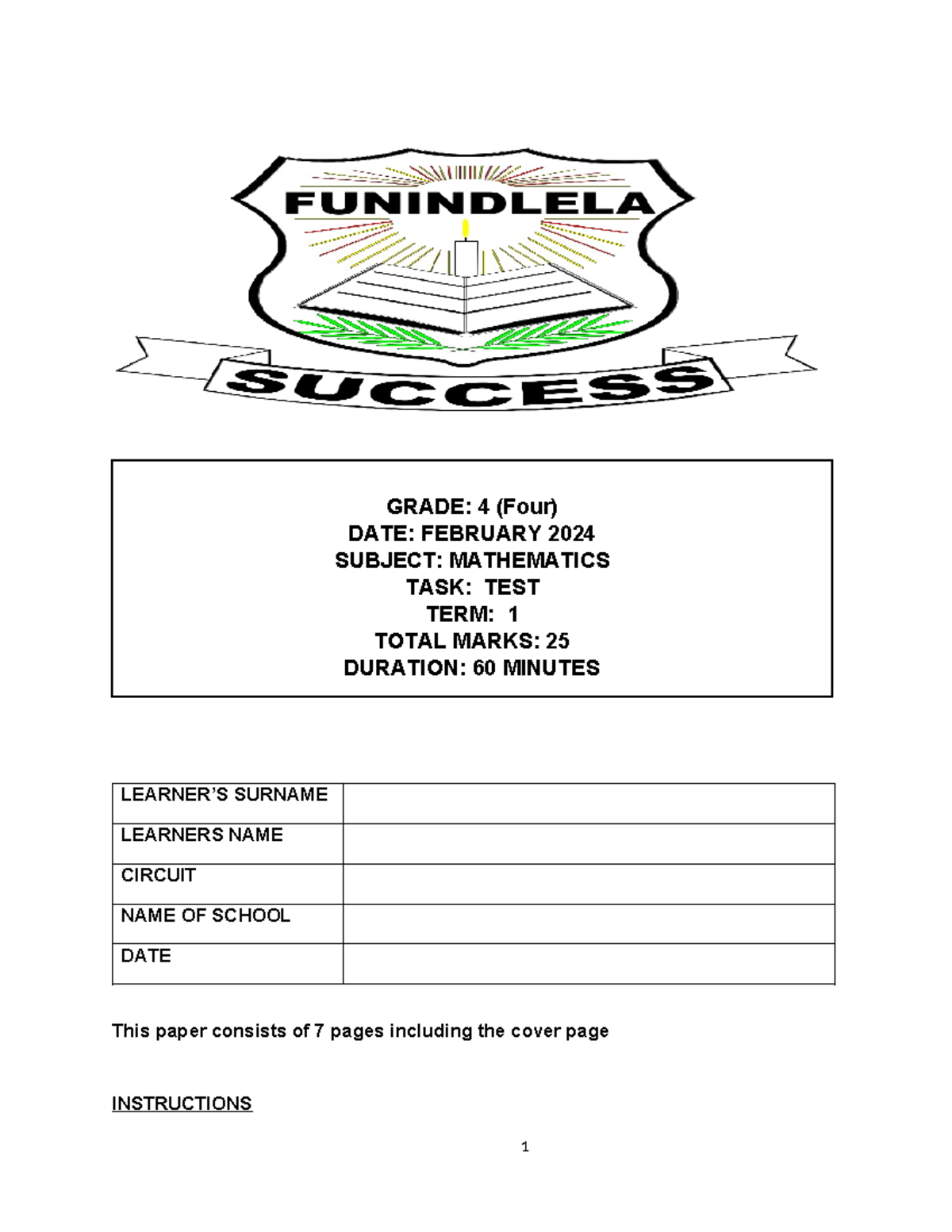 Maths 2024 Assignment Learners Surname Learners Name Circuit Name Of School Date This Paper 7096