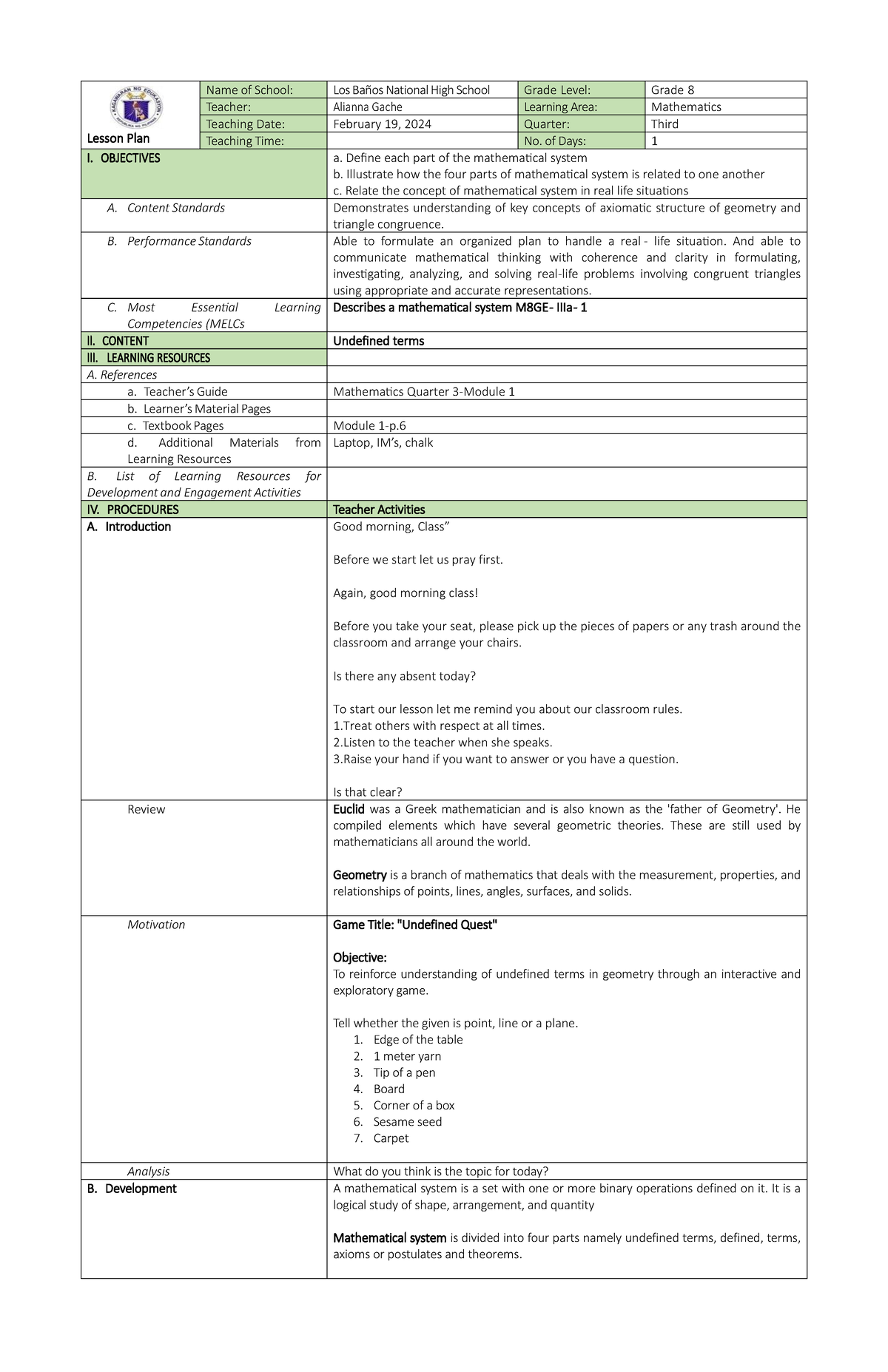 Undefined Terms - Lesson Plan Name of School: Los Baños National High ...