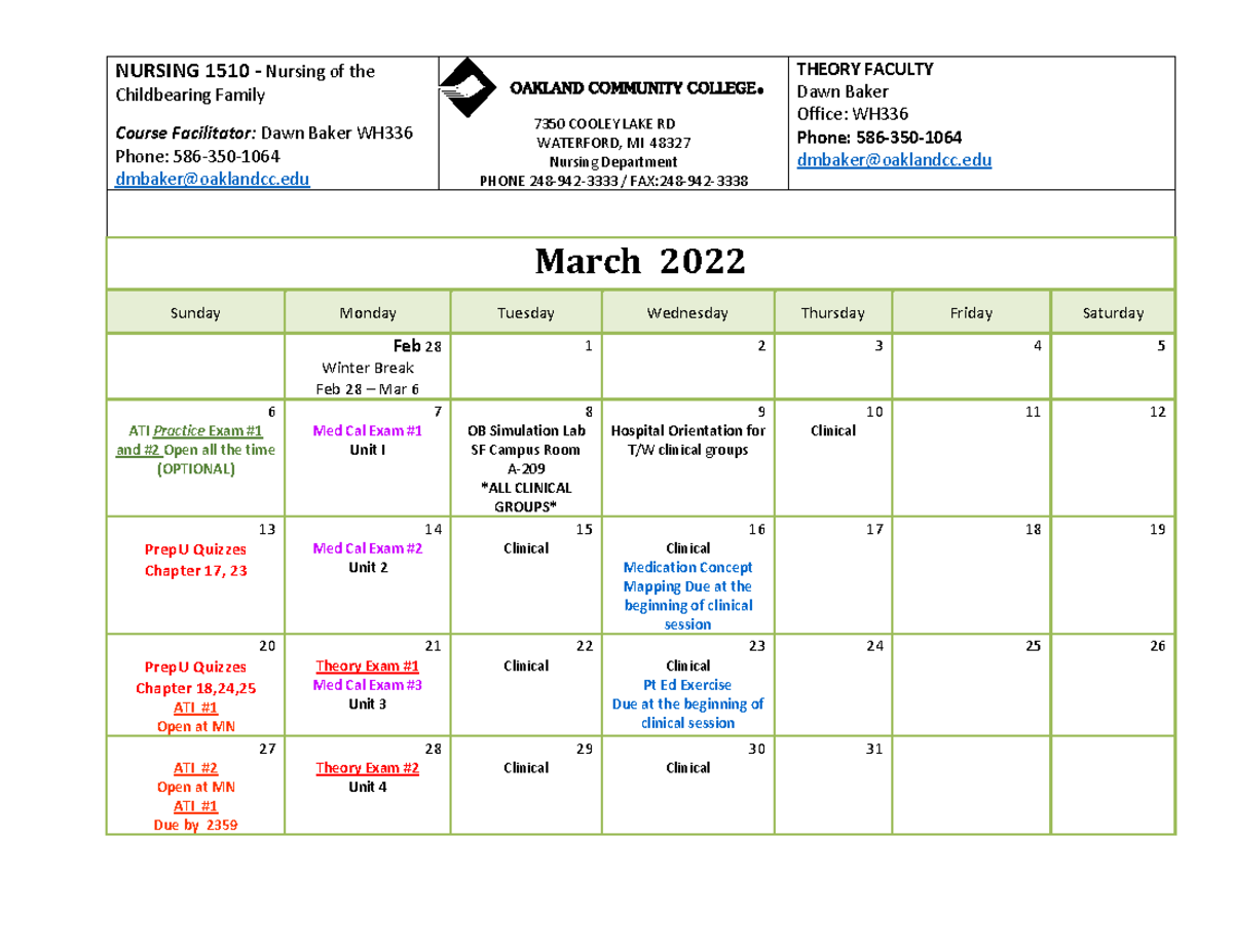 NUR 1510 Winter Two 2022 Student Course Calendar - NURSING 1510 ...