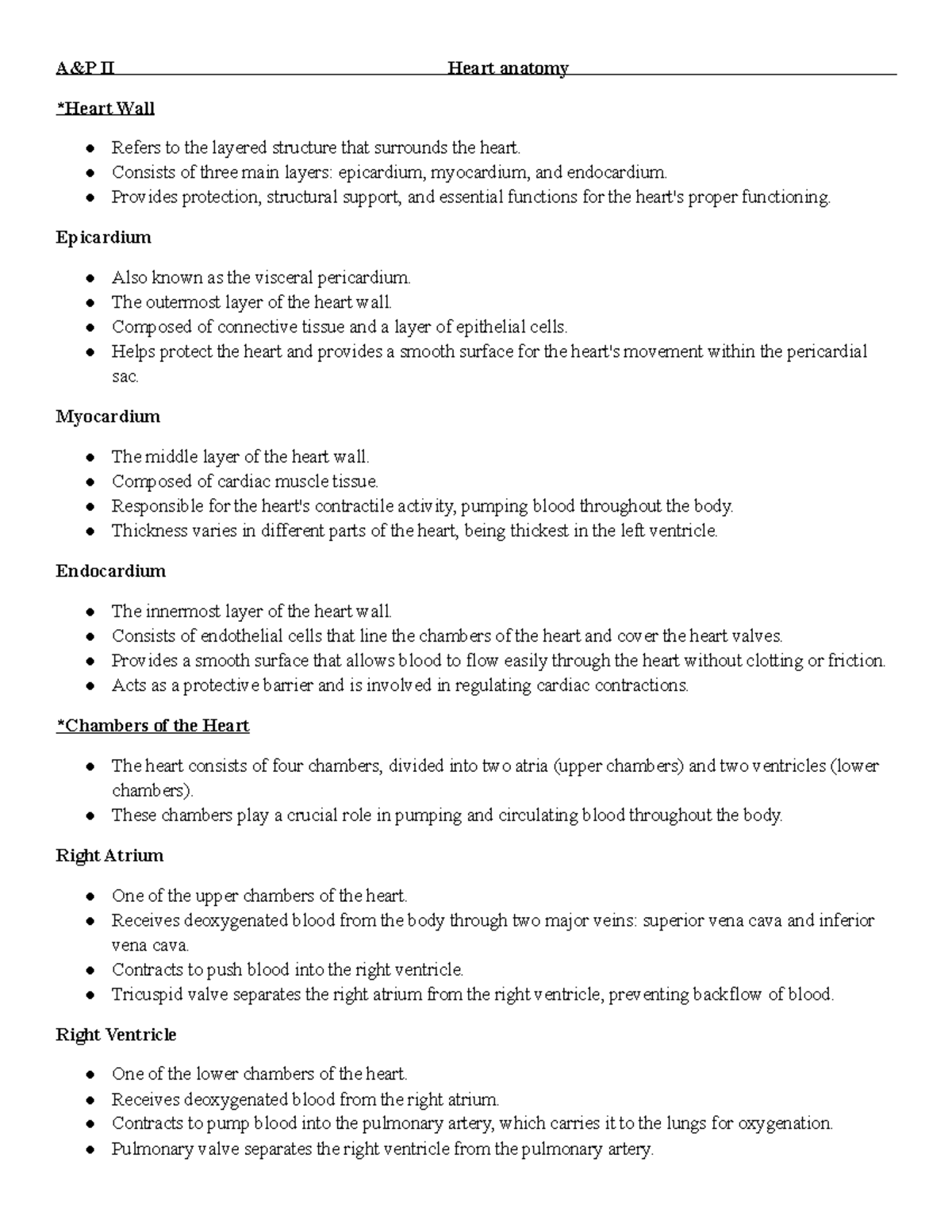 4 Heart study notes - A&P II Heart anatomy *Heart Wall Refers to the ...