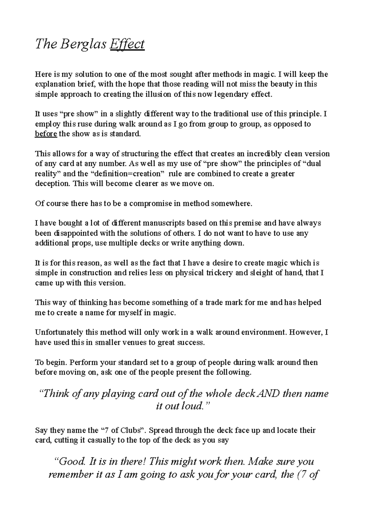 The Berglas Effect By Fraser Parker - The Berglas Effect Here is my ...