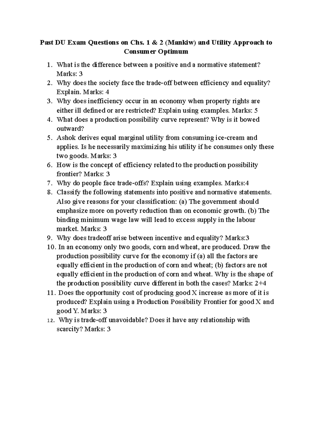 Past DU Exam Questions on Chs1,2,and Utility Approachto Consumer ...