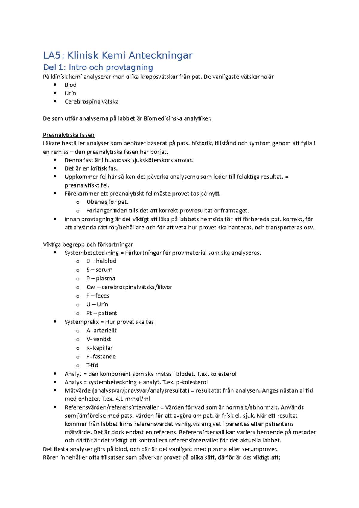 Klinisk kemi Föreläsning del 1 - LA5: Klinisk Kemi Anteckningar Del 1: Intro och provtagning På ...