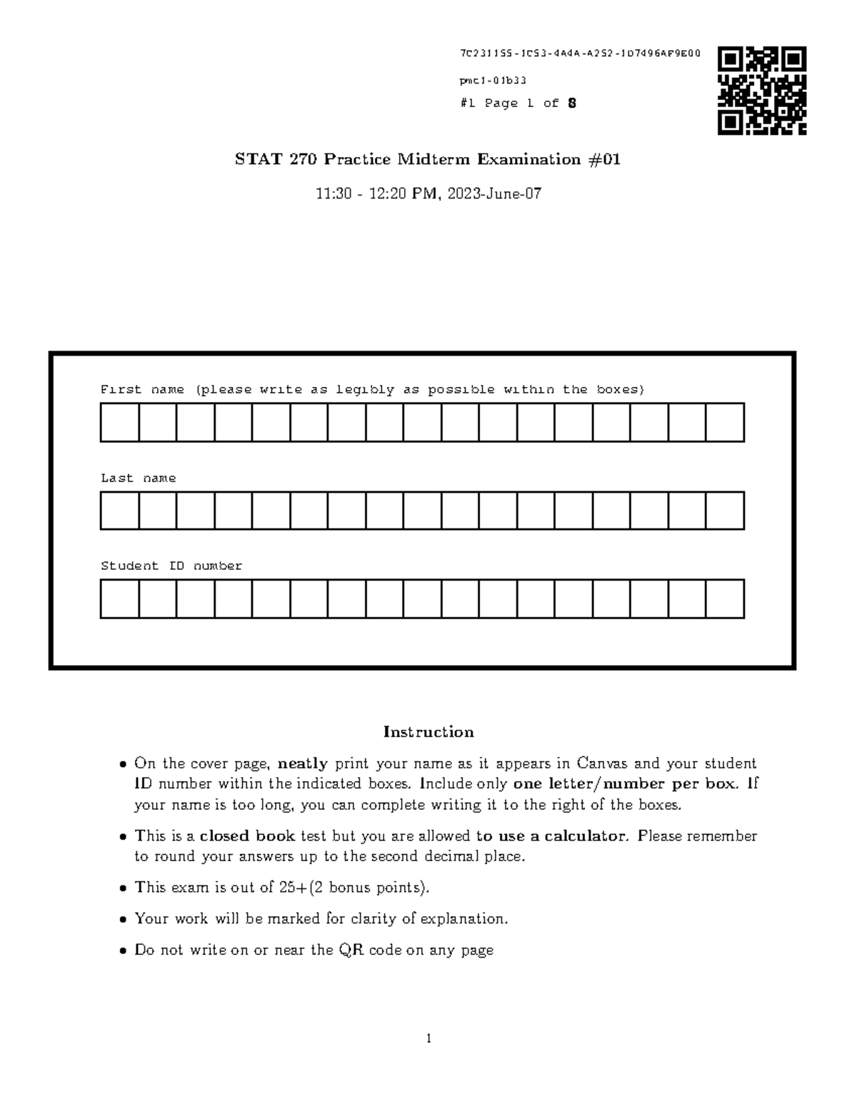 Practice Midterm 01-Crwd - STAT 270 Practice Midterm Examination 11:30 - 12:20 PM, 2023-June ...