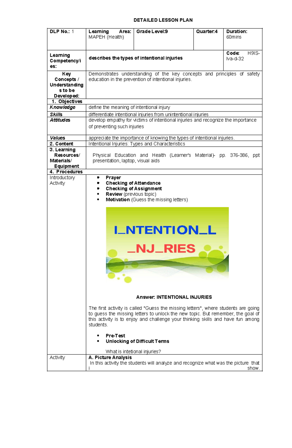 DLP1- Health - Sample 4s DLP - DETAILED LESSON PLAN DLP No.: 1 Learning ...