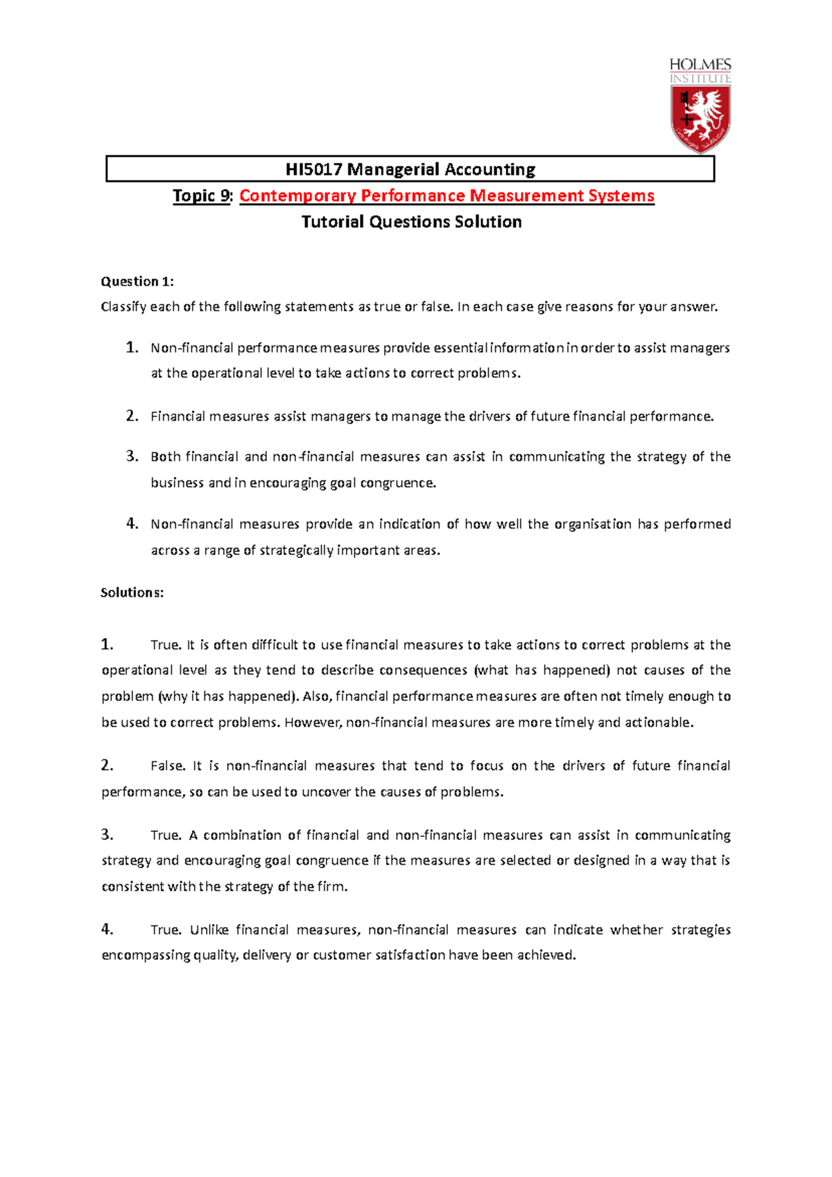 Solutions Topic 9 Tutorial Questions - HI5017 Managerial Accounting Topic 9 : Contemporary - Studocu