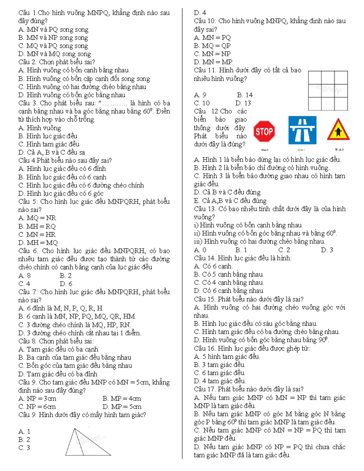 Toán 6 ôn cuối kì 1 (hình v, cn,lgđ) - Câu 1 hình vuông MNPQ, khẳng ...