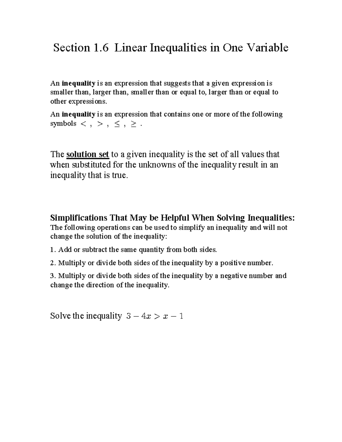Linear inequalities in one varibale - Section 1 Linear Inequalities in ...