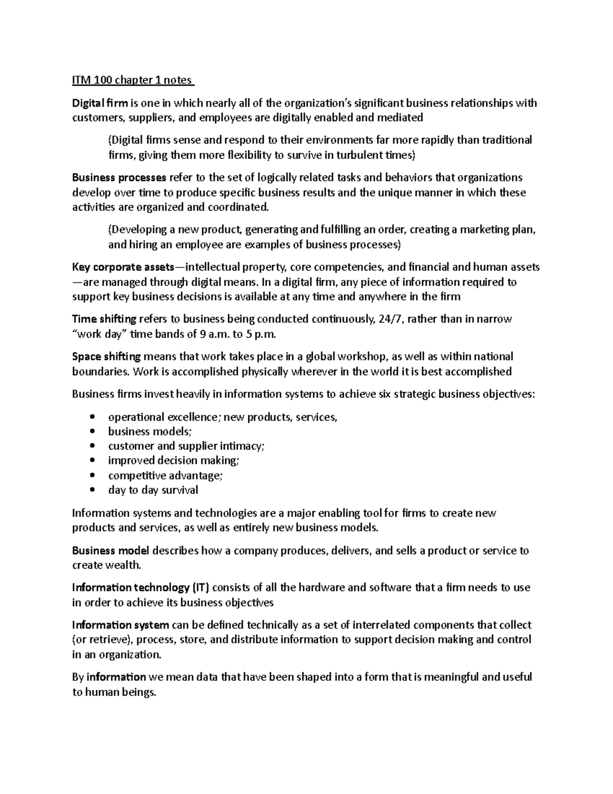 Lecture notes, lectures 1, 4 and 5 - ITM 100 chapter 1 notes Digital ...