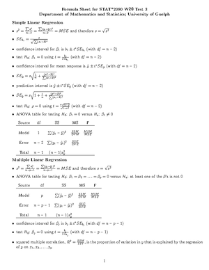 Formula sheet 2 2090 2020 - Formula Sheet for STAT*2090 W19 Test 2 ...