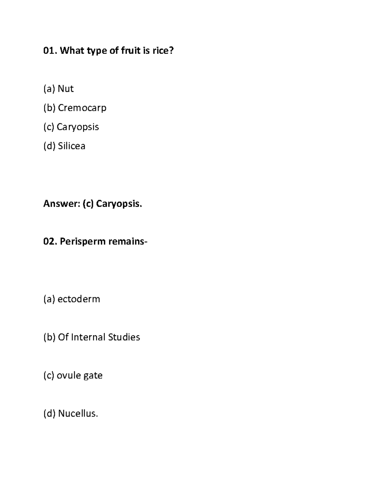 Objectives type questions and answers - What type of fruit is rice? (a ...