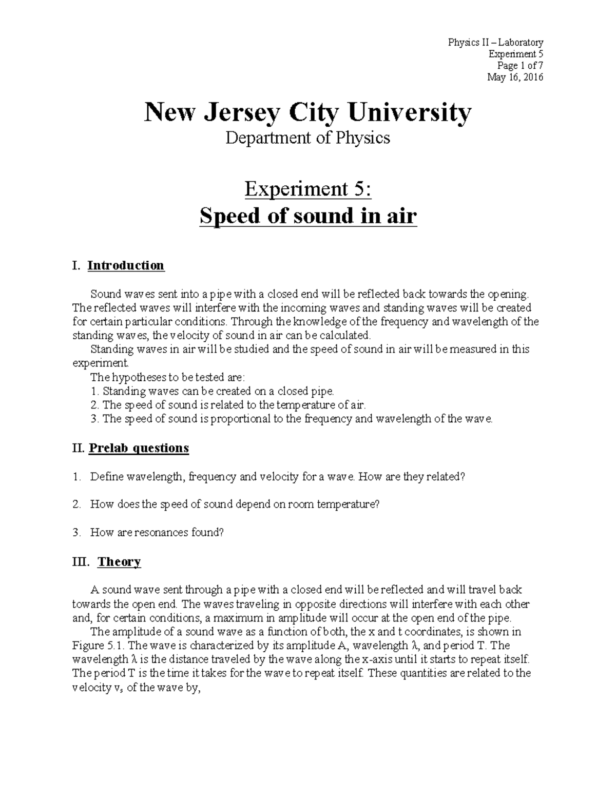 Njcu lab report. - Experiment 5 Page 1 of 7 May 16, 2016 New Jersey ...