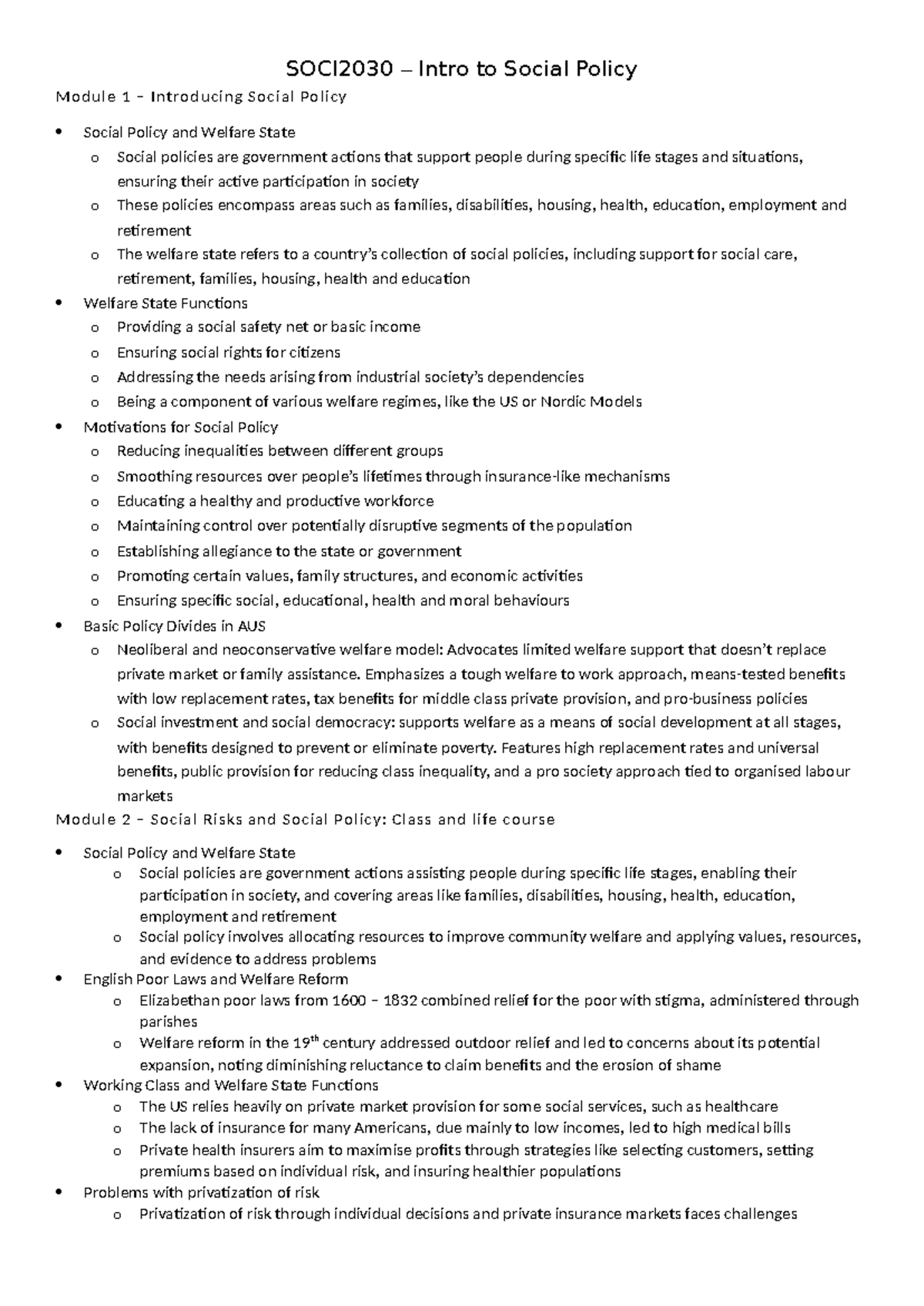 SOCI2030 - summaries - SOCI2030 – Intro to Social Policy Module 1 ...