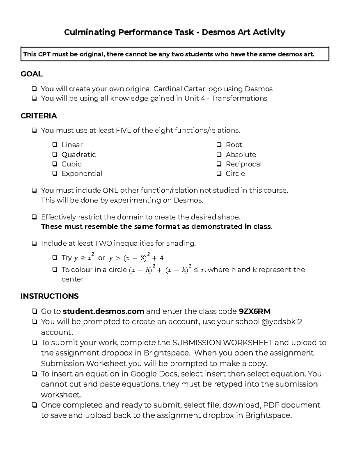 CPT - Desmos Art Activity - Assignment Instructions Dec 2021 - Culminating Performance Task ...