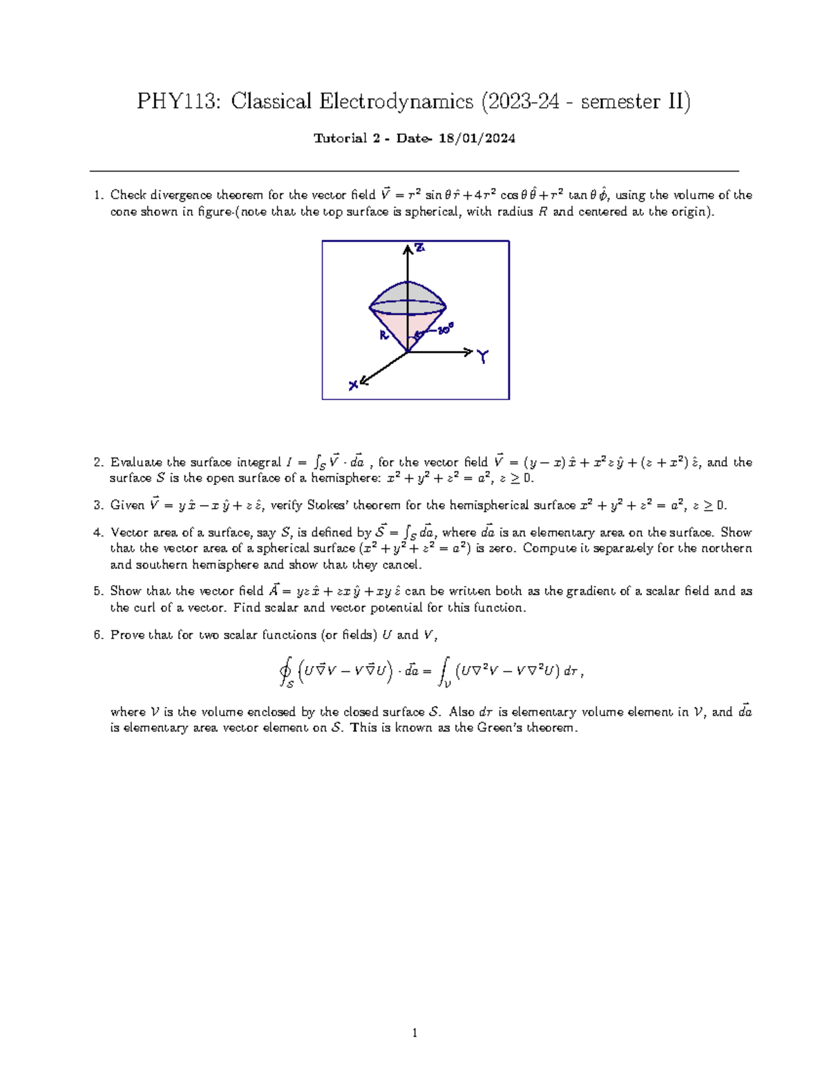 PHY113 tutorial 2 - PHY113: Classical Electrodynamics (2023-24 - semester II) Tutorial 2 - Date ...