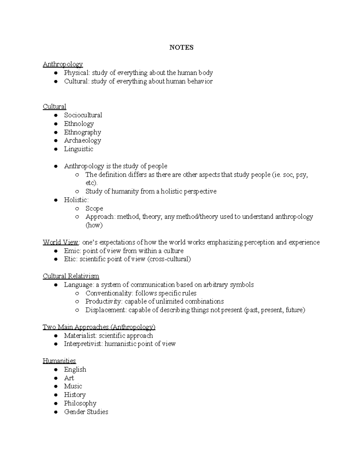 ANTH 310 - Taught by Wallace Zane - NOTES Anthropology Physical: study ...