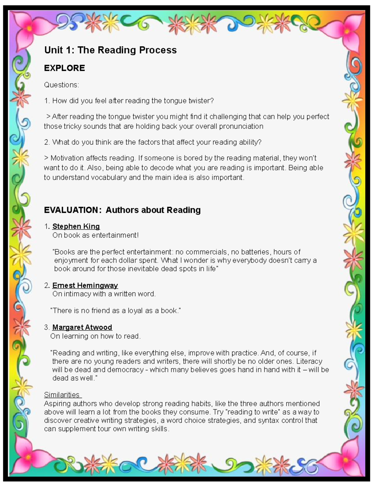 Reading development (Autosaved) (Autosaved) - Unit 1: The Reading ...