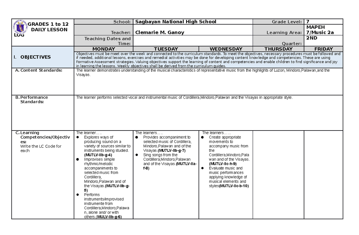 Music Week 1 - Daily lesson log - GRADES 1 to 12 DAILY LESSON LOG ...