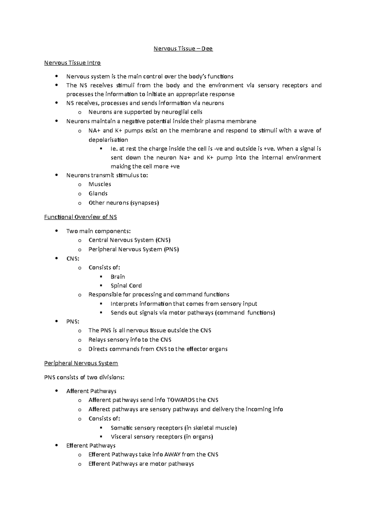 Nervous Tissue - AGRC1041 LECTURE AND PRAC NOTES - Nervous Tissue – Dee ...