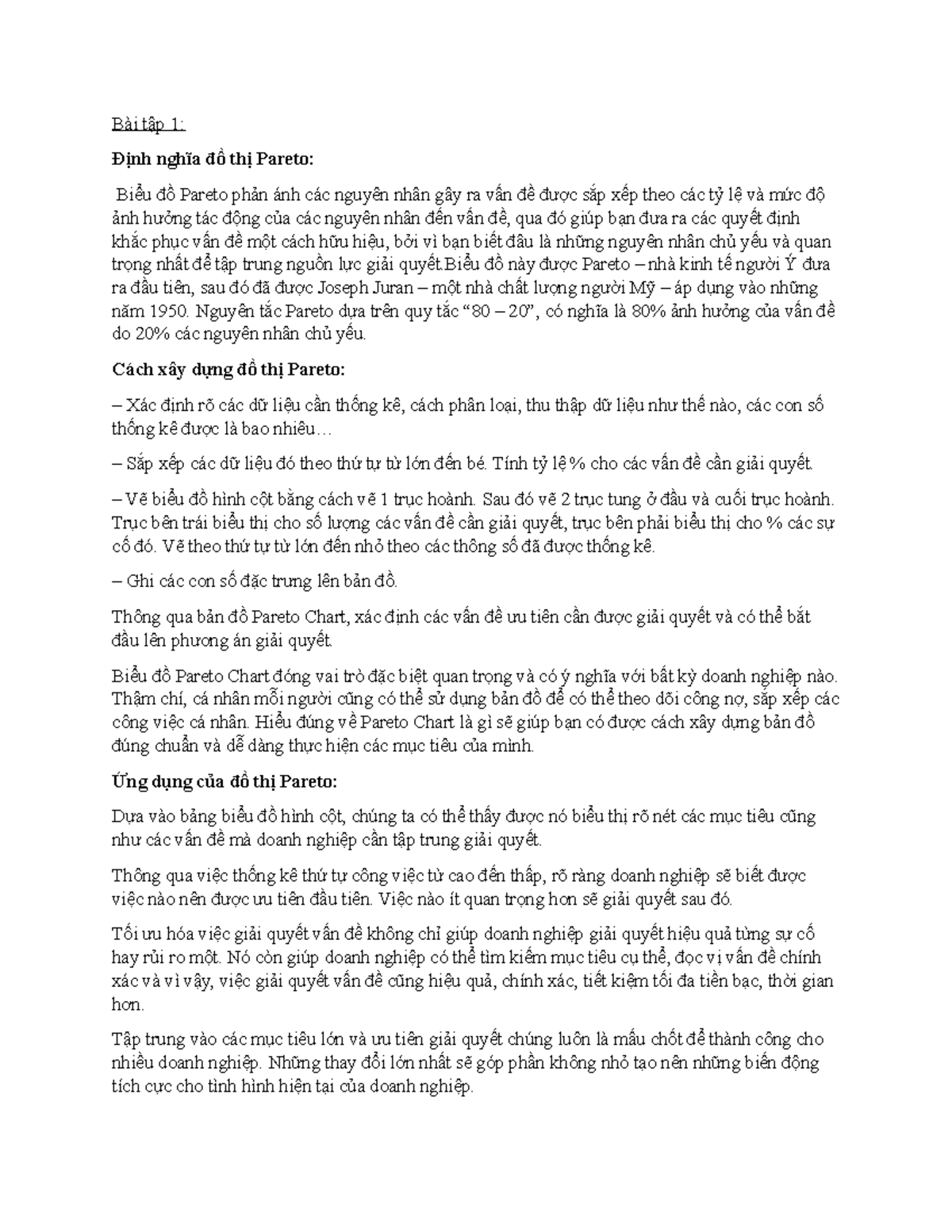 Bt tkud lần 1 - bt tk - Bài tập 1: Định nghĩa đồ thị Pareto: Biểu đồ Pareto phản ánh các nguyên ...
