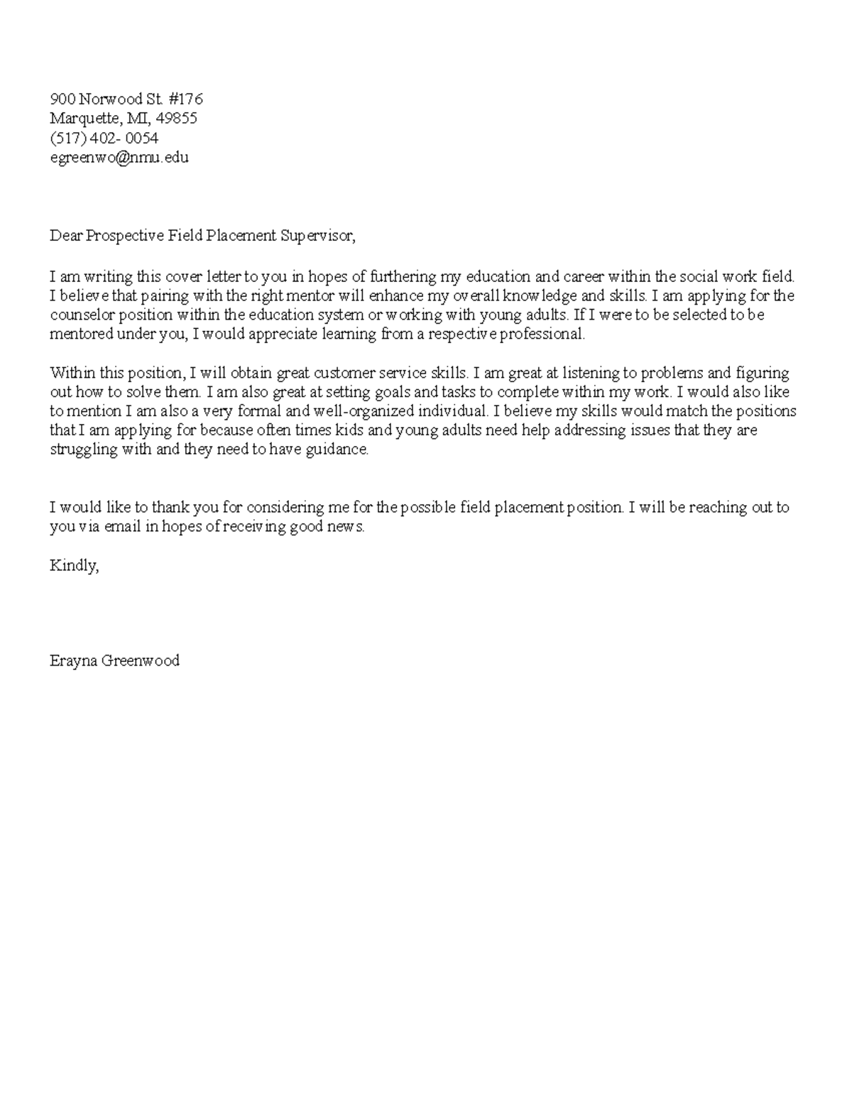 SW370 Final Cover Letter and Resume 23 - 900 Norwood St. # Marquette ...