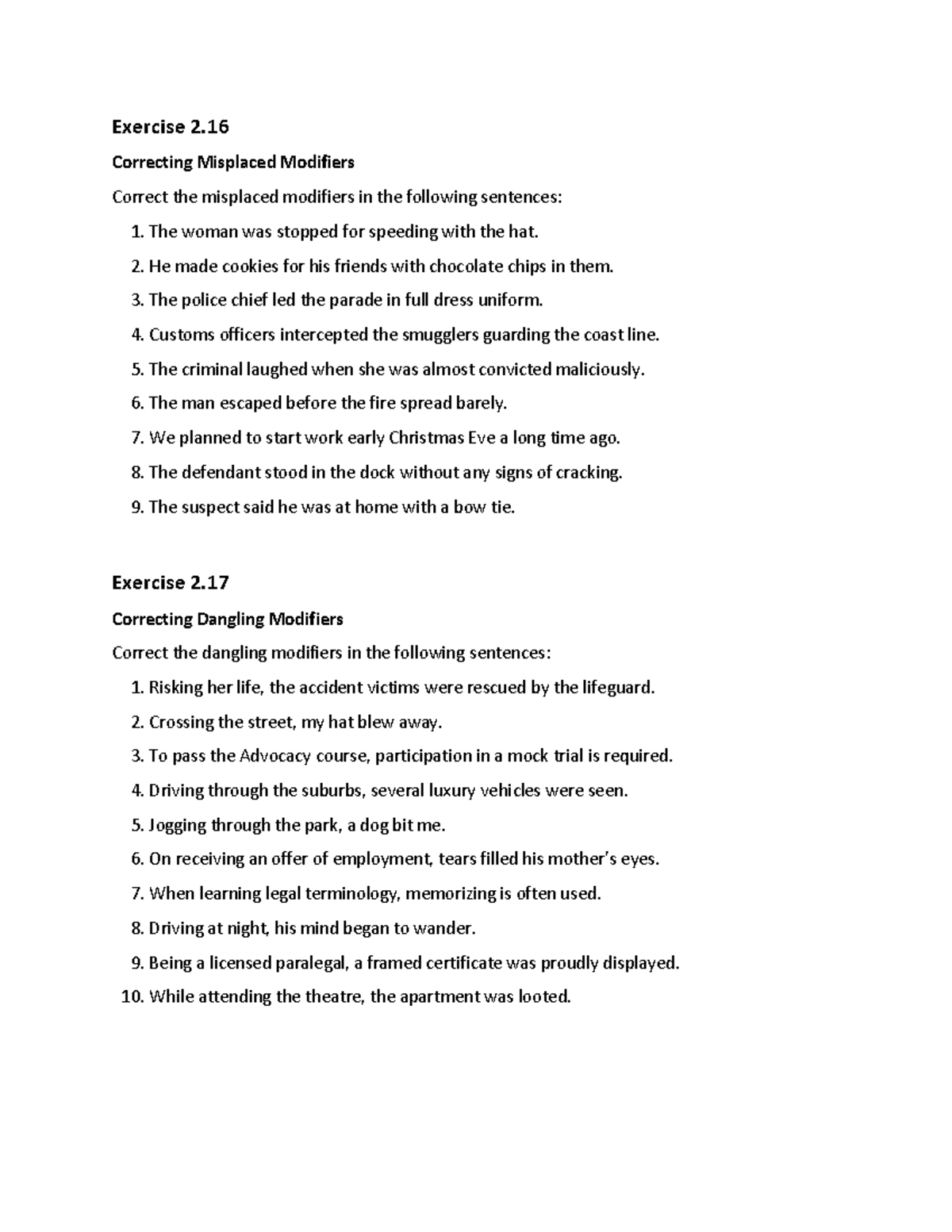 Modifiers Exercises 2 16 And 2 17 Practice Exercise 2 Correcting
