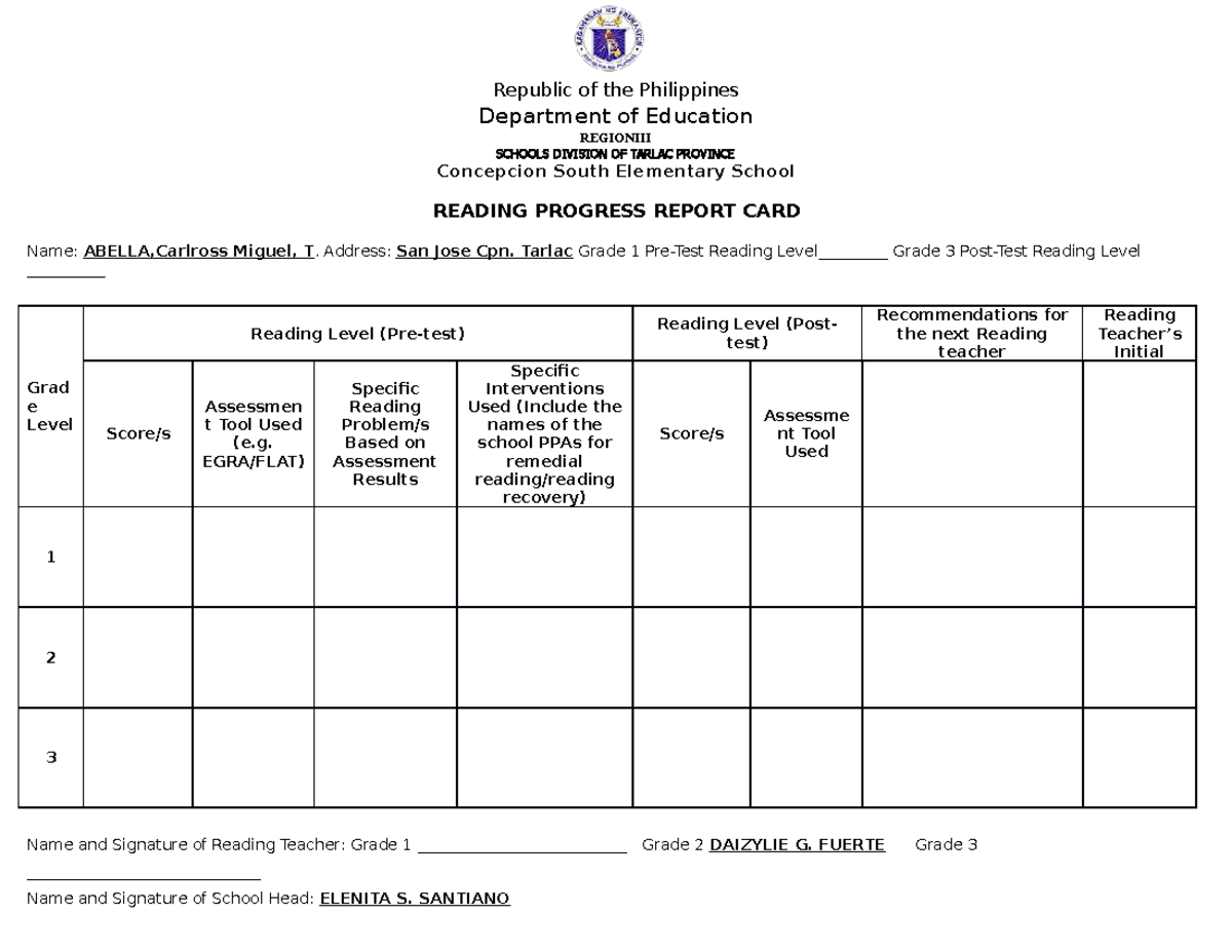 Reading Progress Report Card GR 1 6 - Department of Education REGIONIII ...