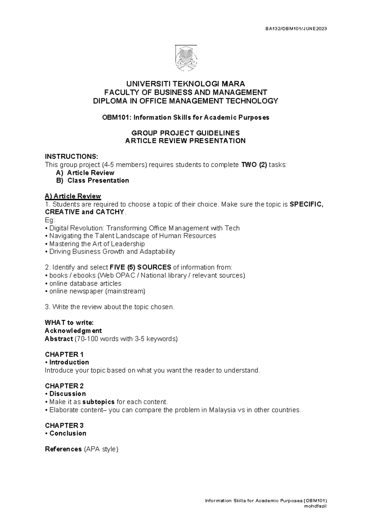 OBM101 Article Review AND Presentation Guidelines JUNE2023 - BA132 ...