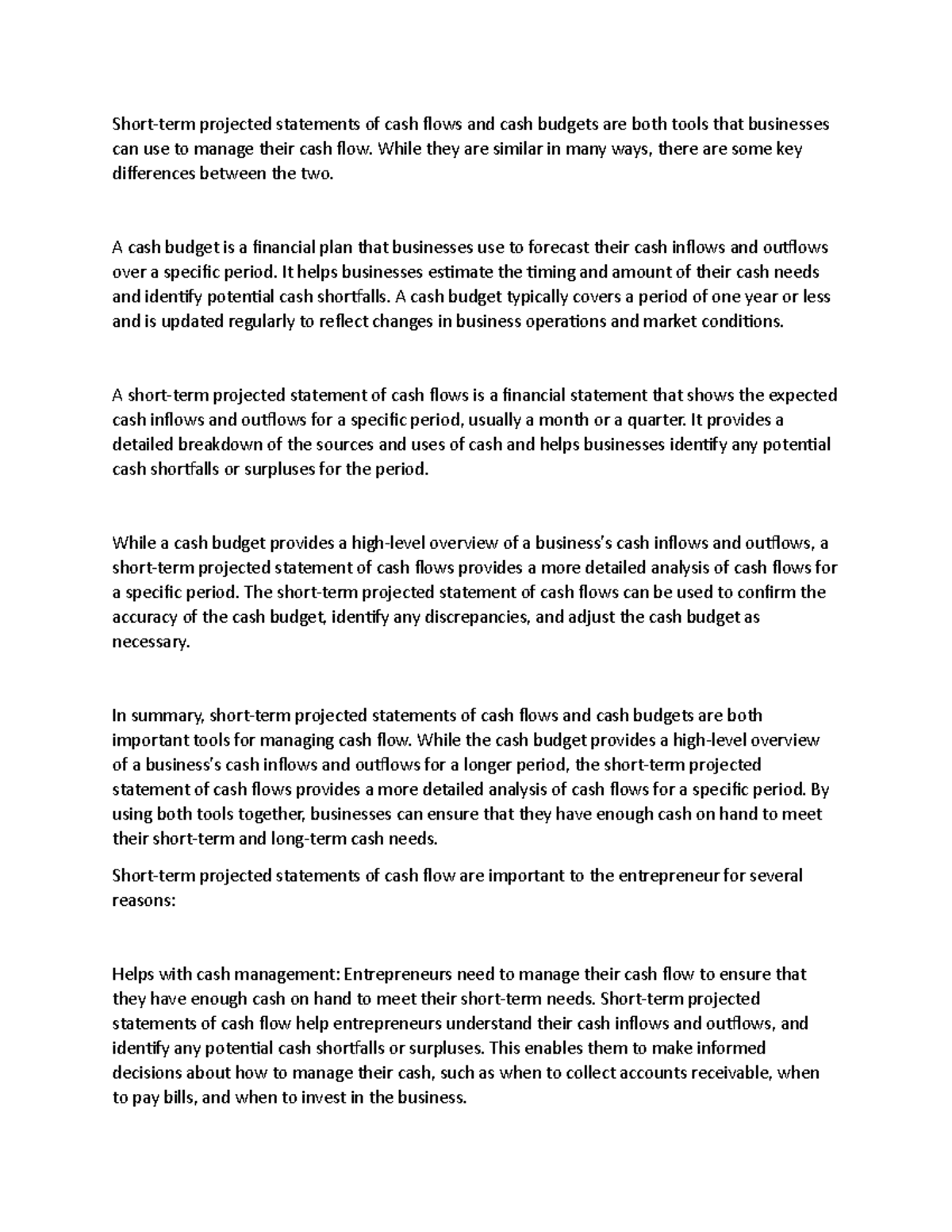 J18 - Notes describing how short-term projected statements of cash ...