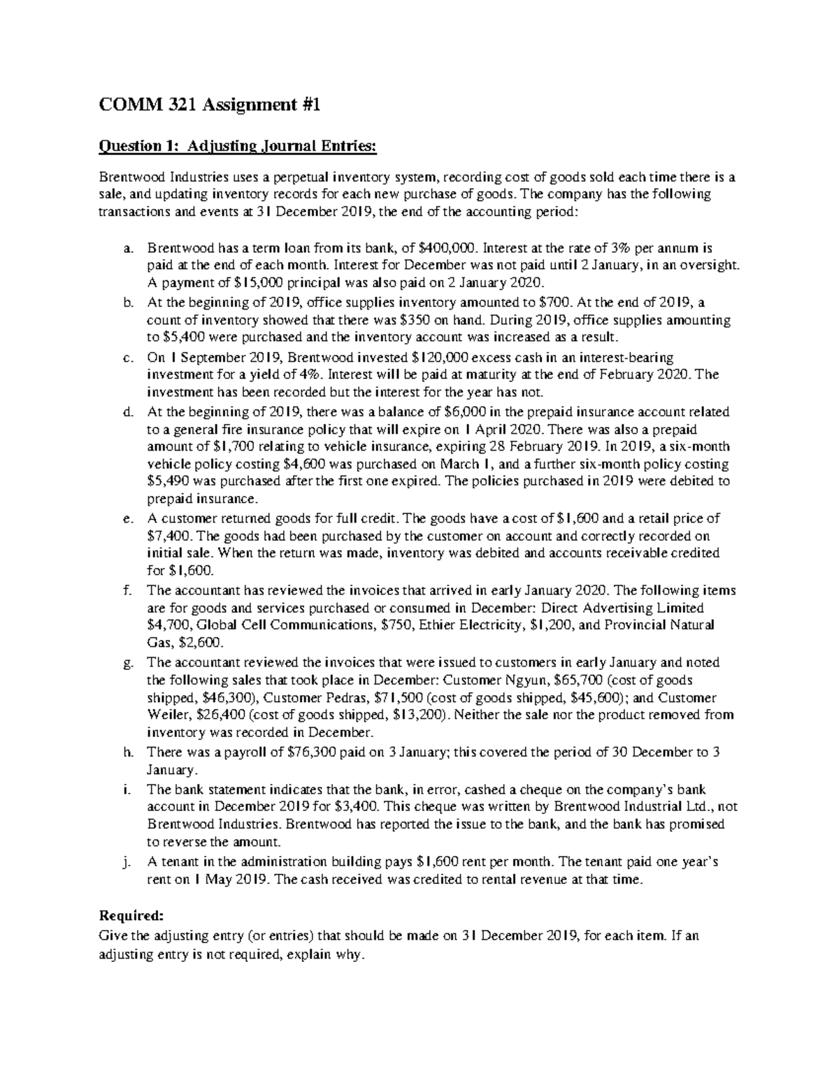 2020-Comm 321 Assignment #1 Questions - COMM 321 Assignment Question 1 ...