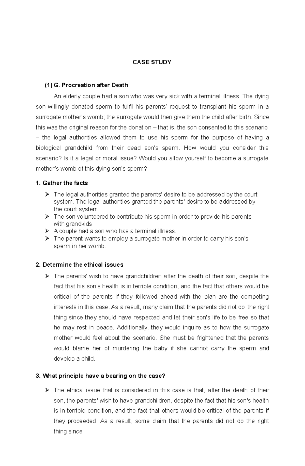 CASE Study - CASE STUDY (1) G. Procreation after Death An elderly ...