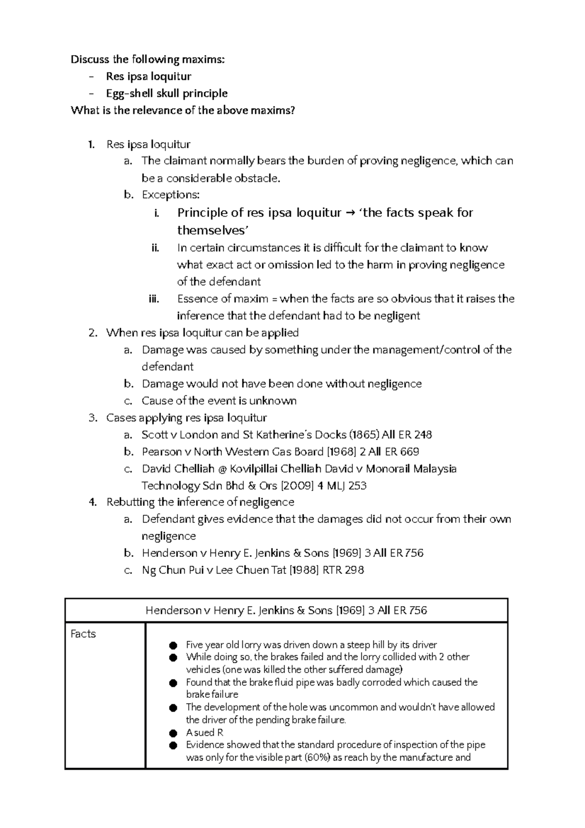 Tort tutorial - Discuss the following maxims: - Res ipsa loquitur - Egg ...