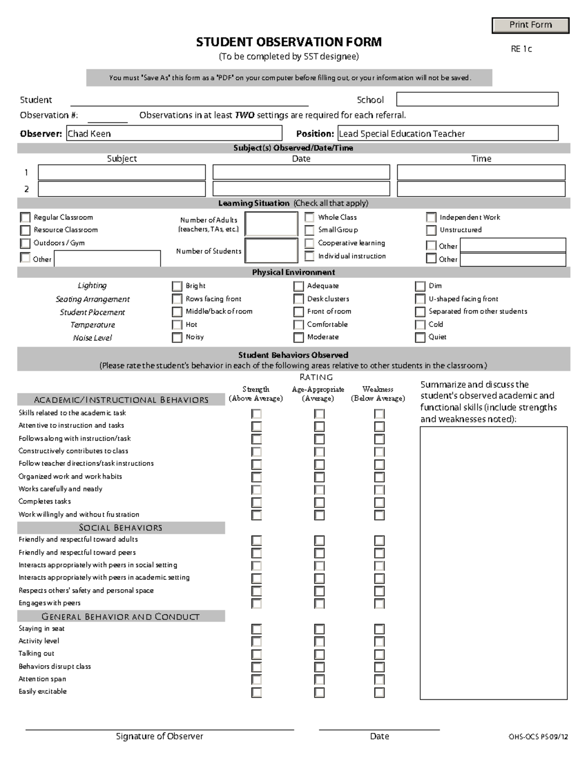 Interactive Student Observation Form - STUDENT OBSERVATION FORM (To be ...
