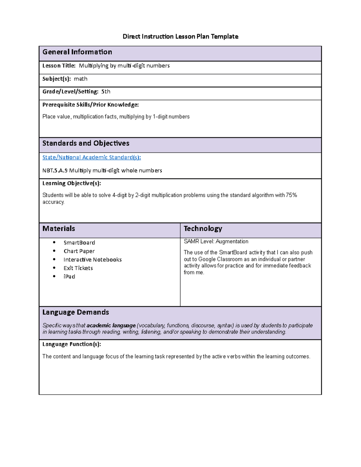 Direct Instruction Lesson Plan Template Mathematics Direct 