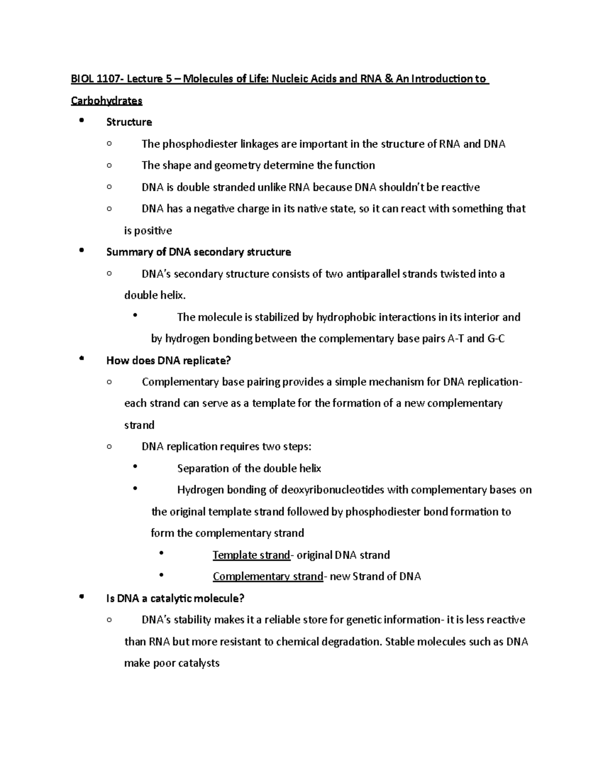 BIOL 1107 - Lecture 5 - Molecules of Life- Nucleic Acids and RNA ...