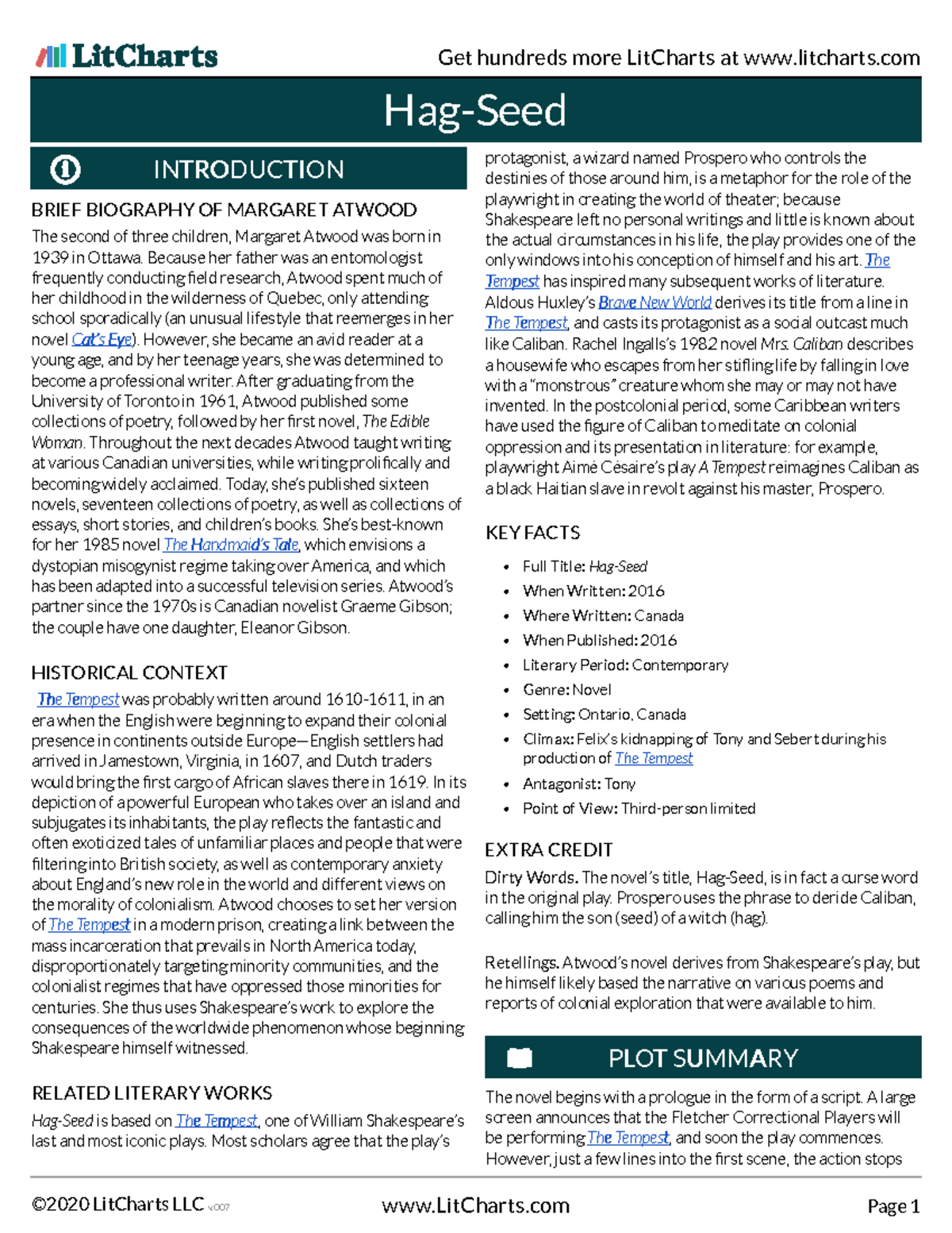 Hag-Seed Litcharts - NOTEs - Hag-Seed BRIEF BIOGRAPHY OF MARGARET ...